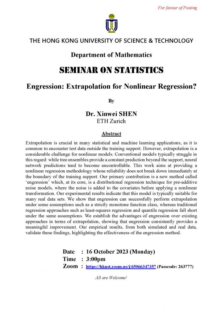 Department of Mathematics - Seminar on Statistics - Engression: Extrapolation for Nonlinear ...
